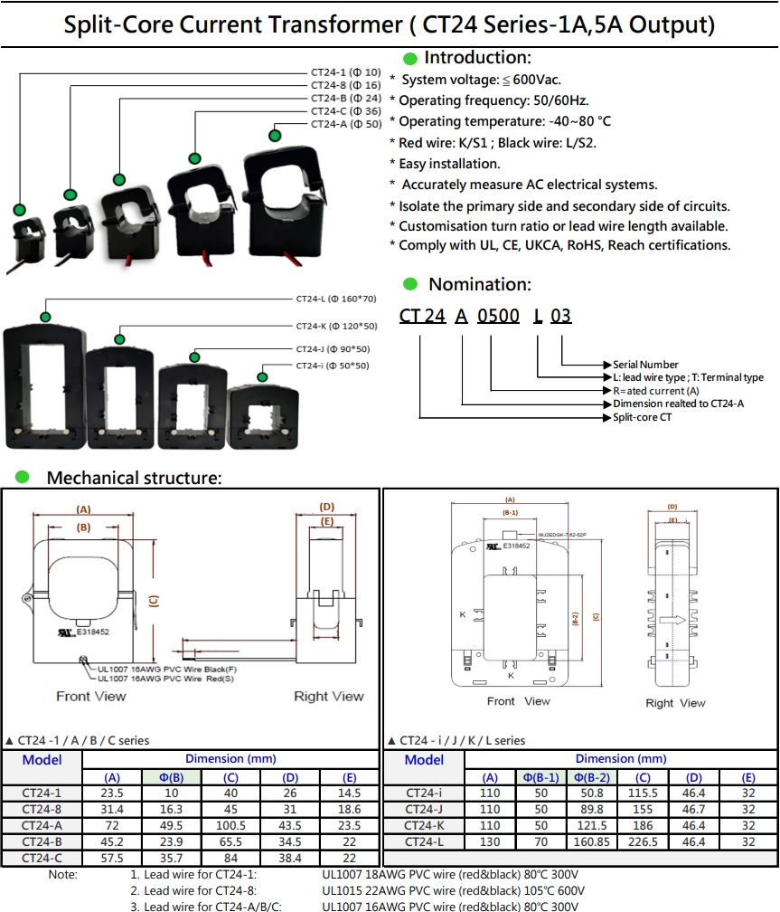 TH Split-Core Current Transformer ( CT24 Series-1A,5A Output）